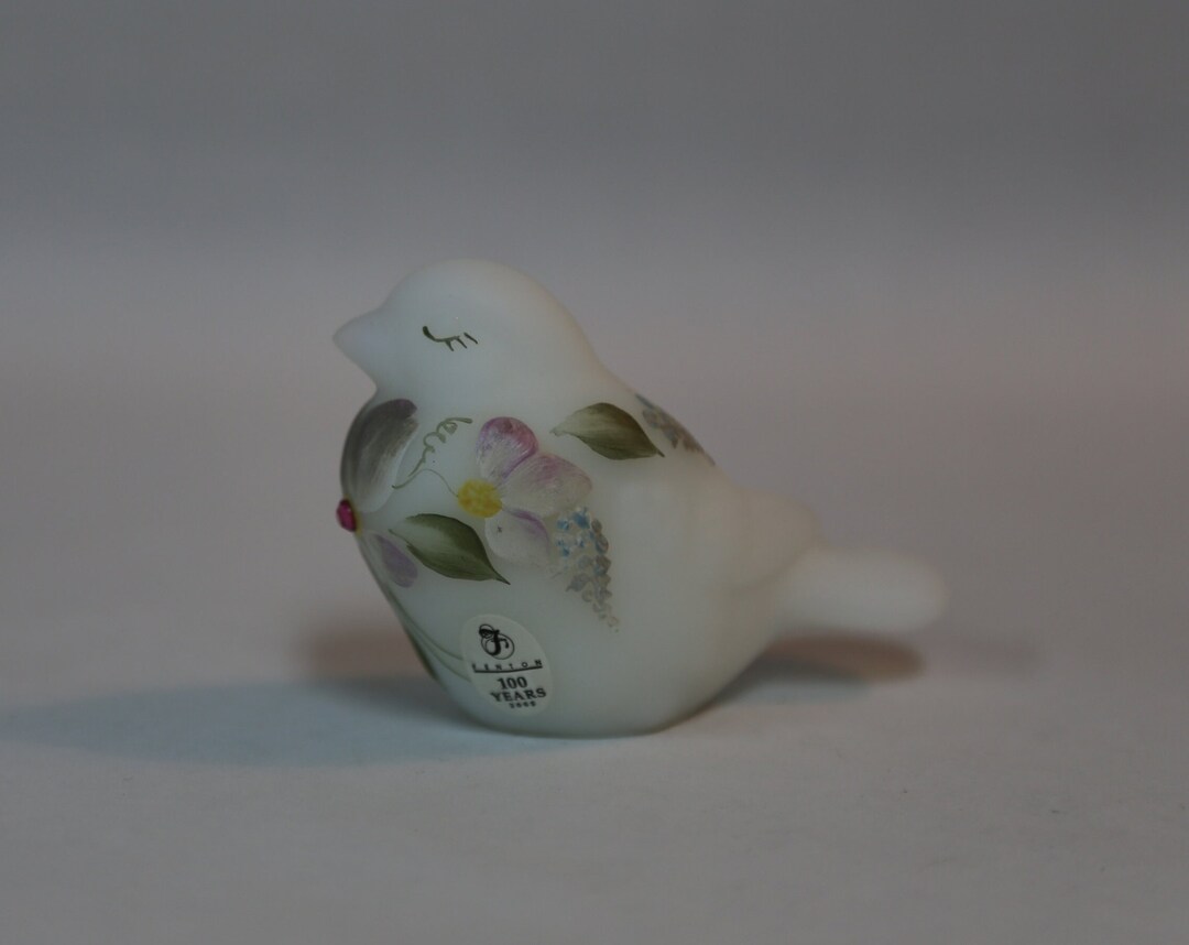 Fenton Art Glass ~ White Glass Bird ~ Hand Painted Flowers Bird ...