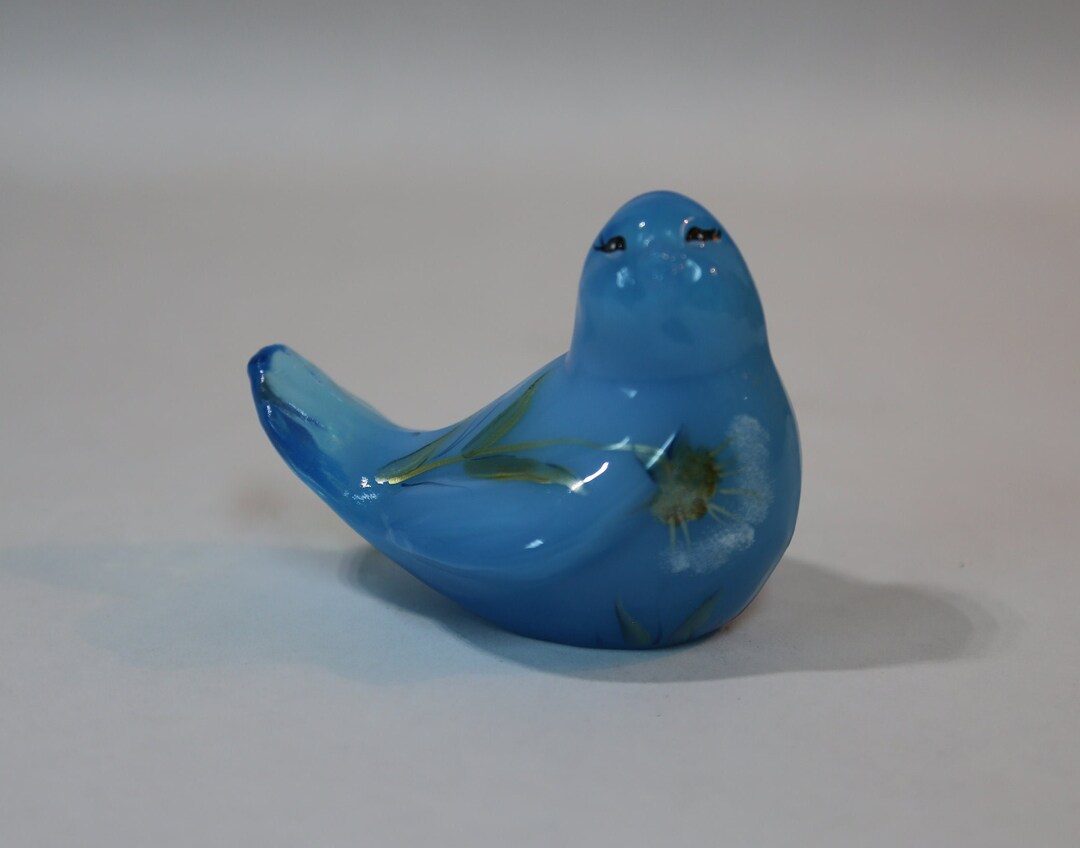 Fenton Art Glass ~ Sky Blue Glass Songbird ~ Hand Painted Dandelion ...