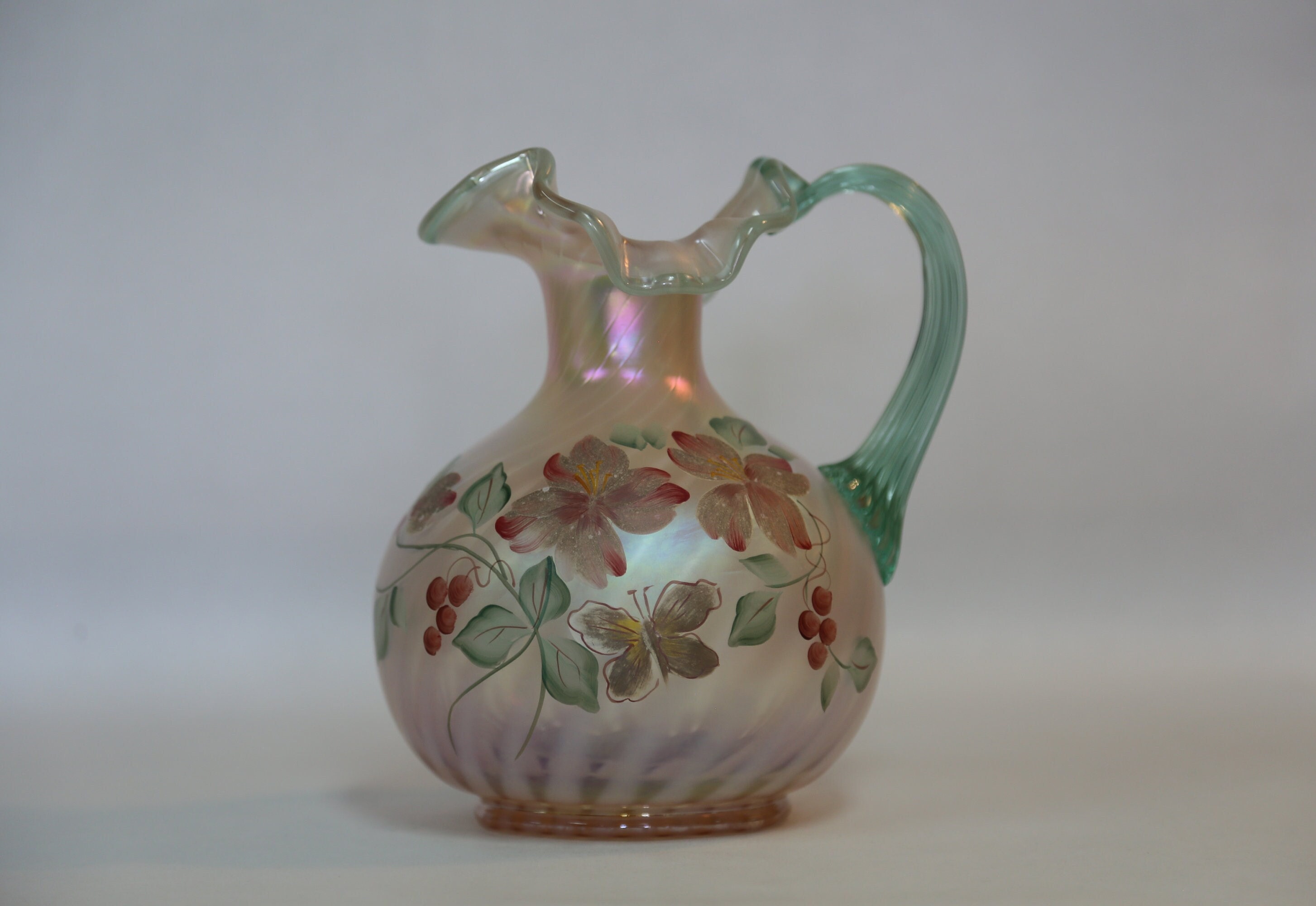 Fenton Glass Sunset Overlay Glass Pitcher Hand Painted Floral Pitcher ...