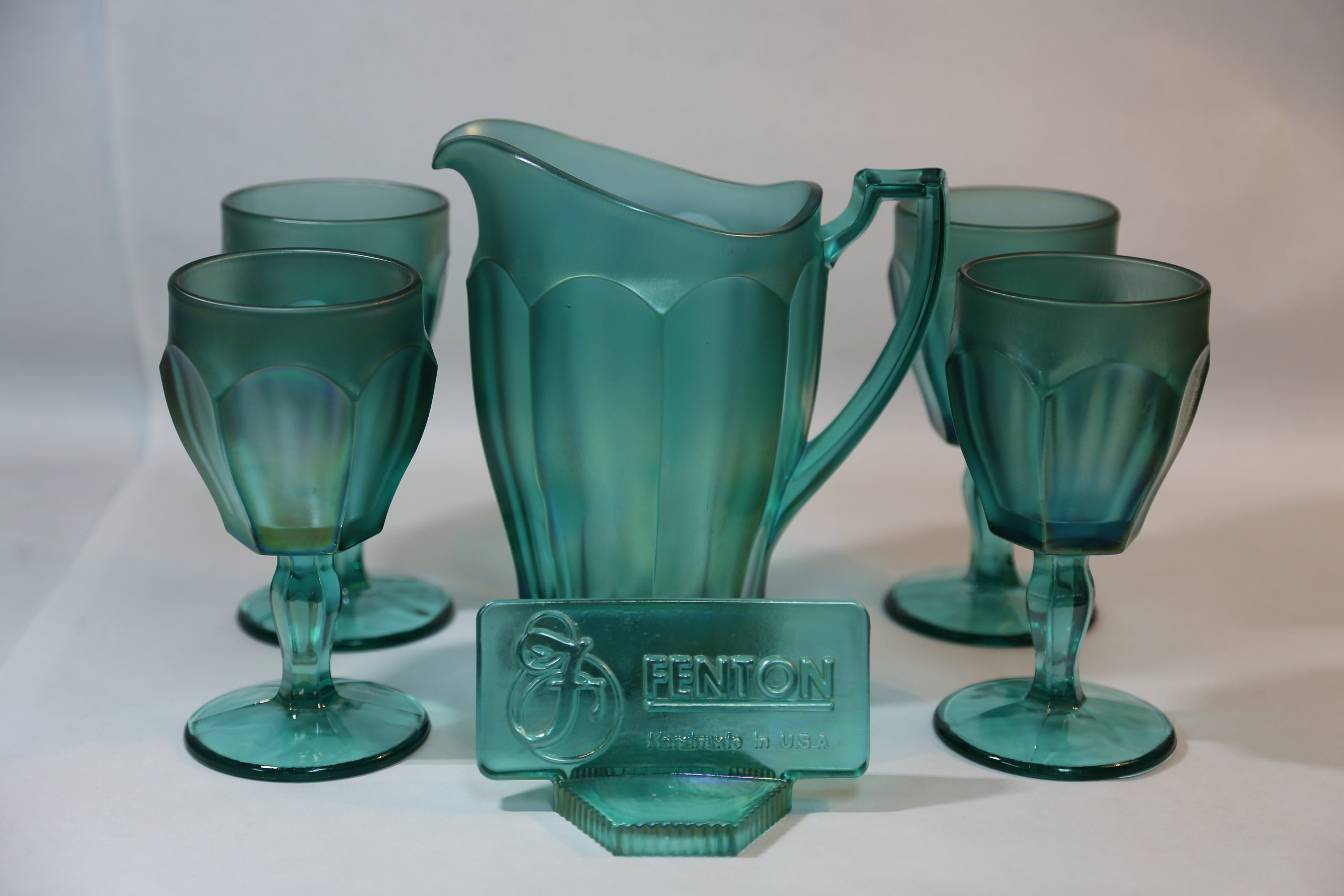 Fenton Glass ~ Stiegel Green Stretch Water Set ~ Pitcher ~ Glasses ...