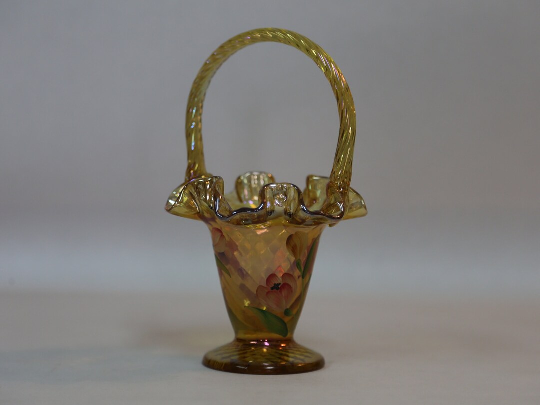 Fenton Art Glass ~ Autumn Gold Iridescent Glass Basket ~ Hand Painted ...