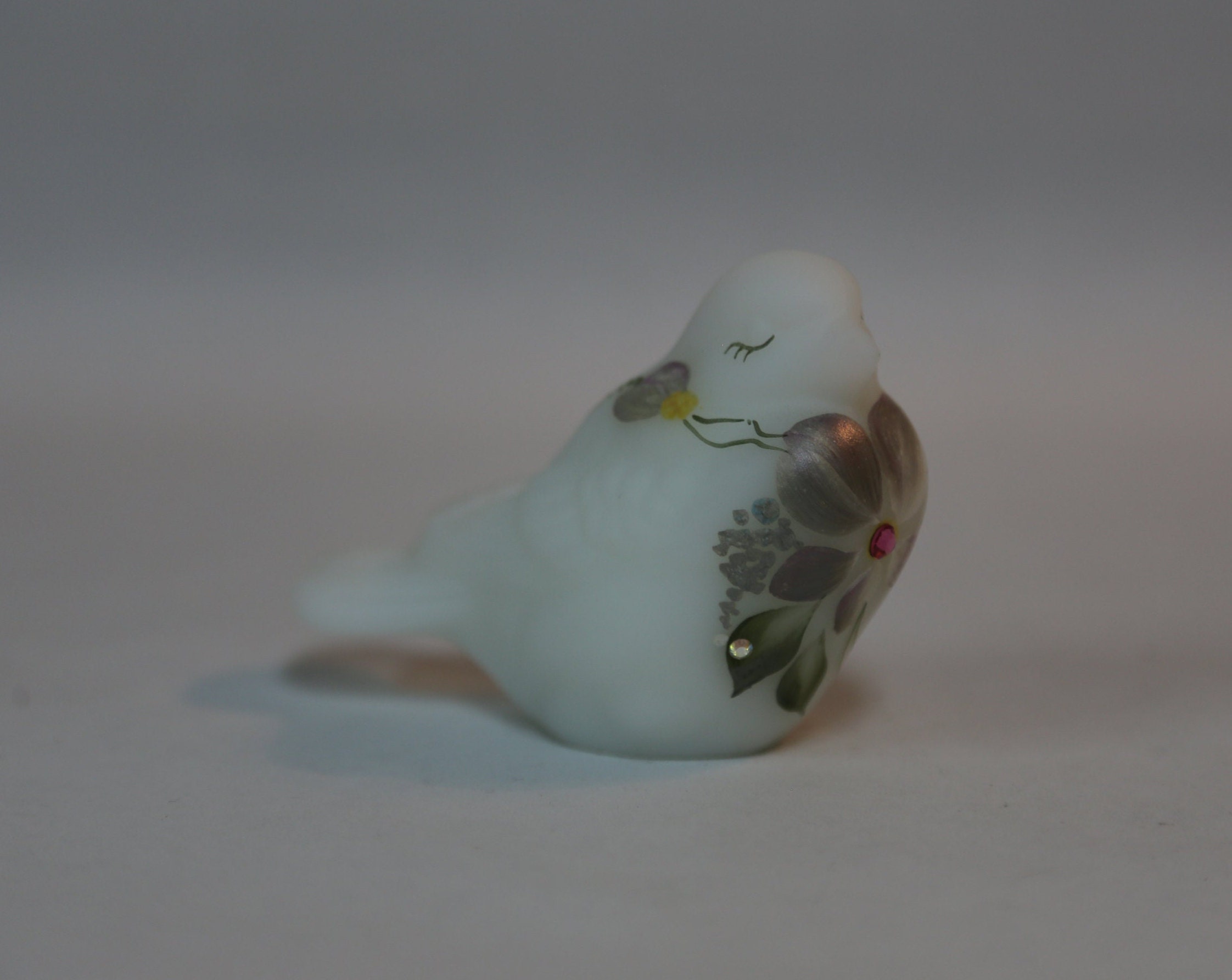 Fenton Art Glass White Glass Bird Hand Painted Flowers Bird Figurine - Etsy