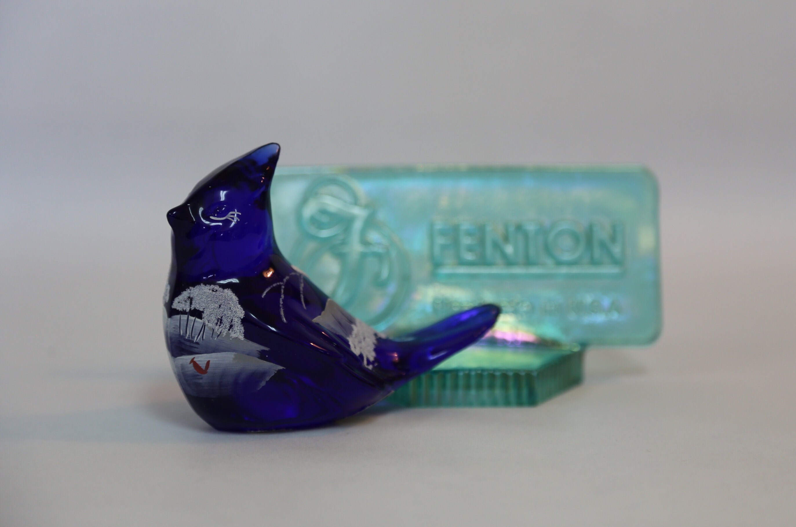 Fenton Art Glass Cobalt Blue Jay Hand Painted Winter Scene Bird ...