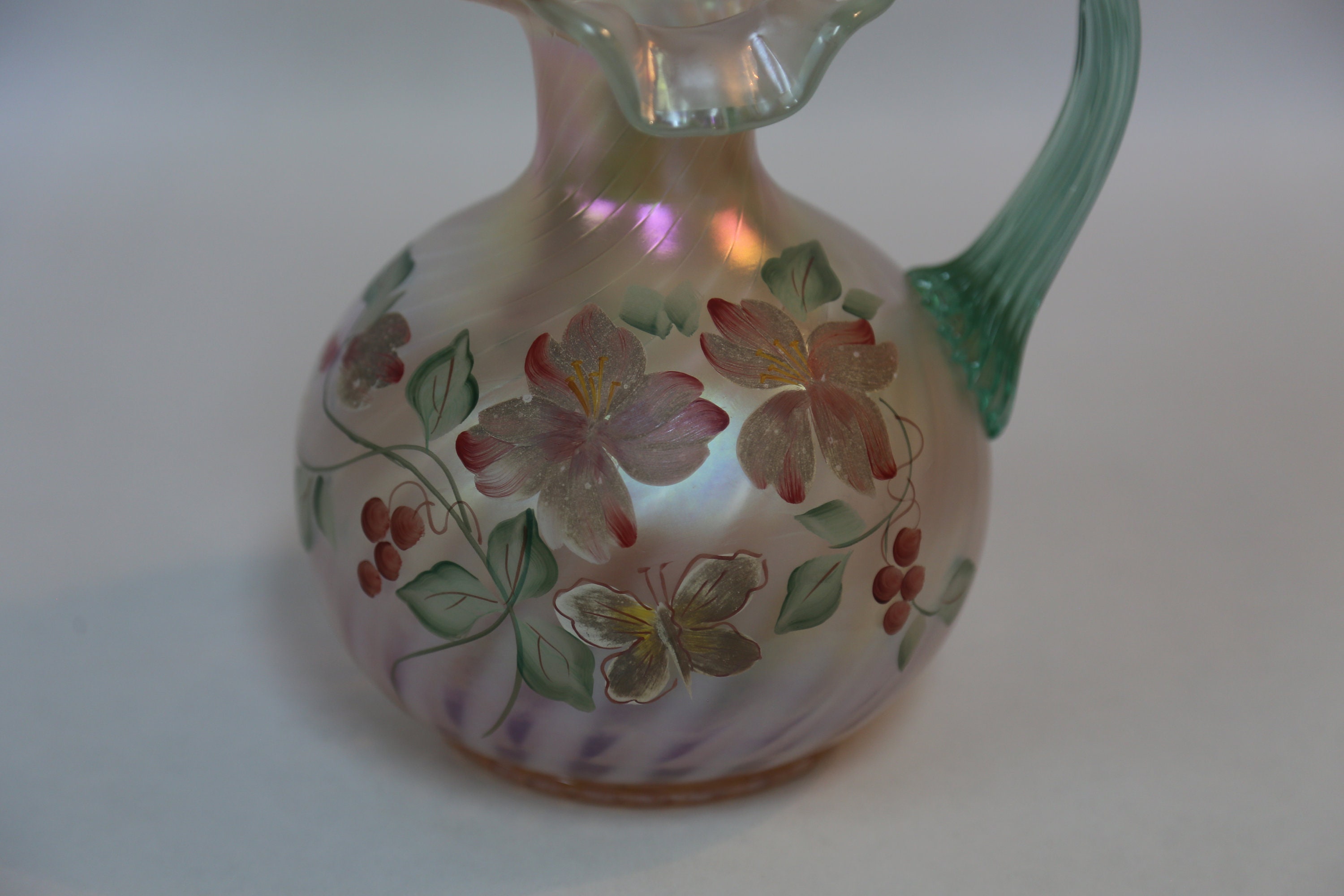 Fenton Glass Sunset Overlay Glass Pitcher Hand Painted Floral Pitcher ...