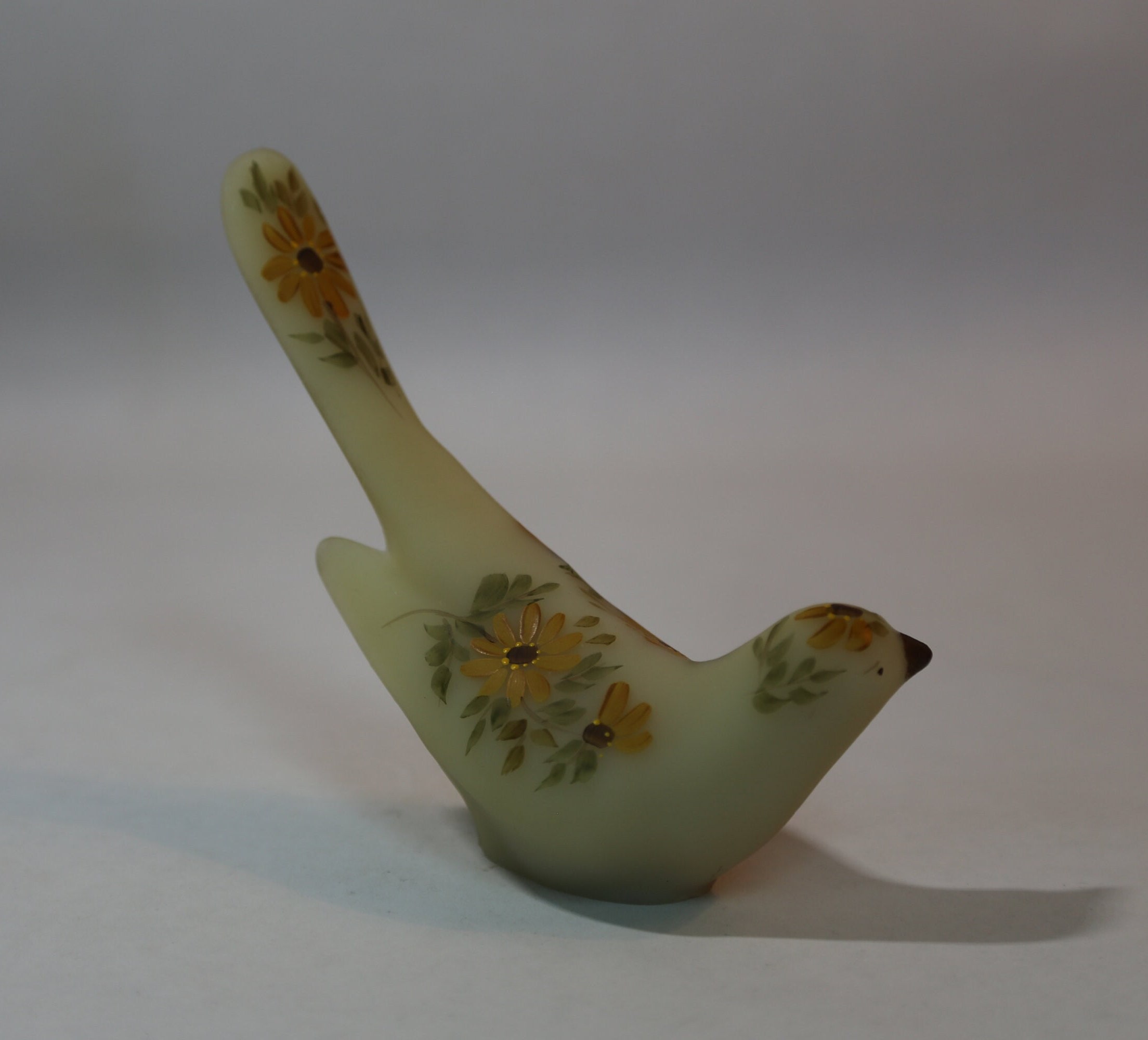 Fenton Art Glass Cameo Satin Glass Happiness Bird Hand Painted Daisies ...