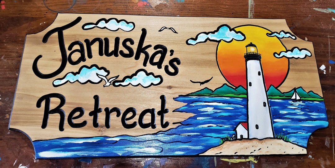 Personalized Lighthouse Sign, Custom Carved Wooden Sign, Beach House ...