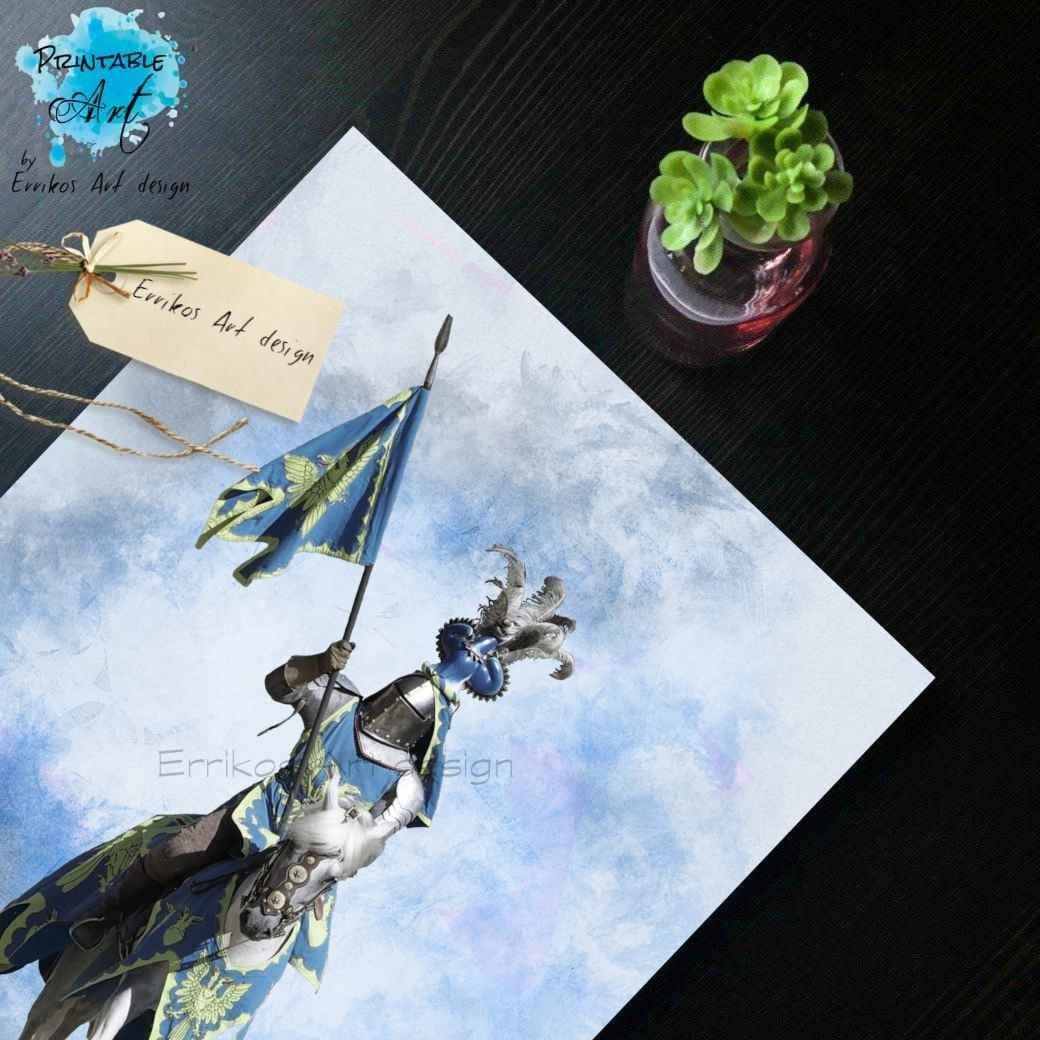 Knight Medieval Blue Knight Printable Wall Art Print Digital | Etsy