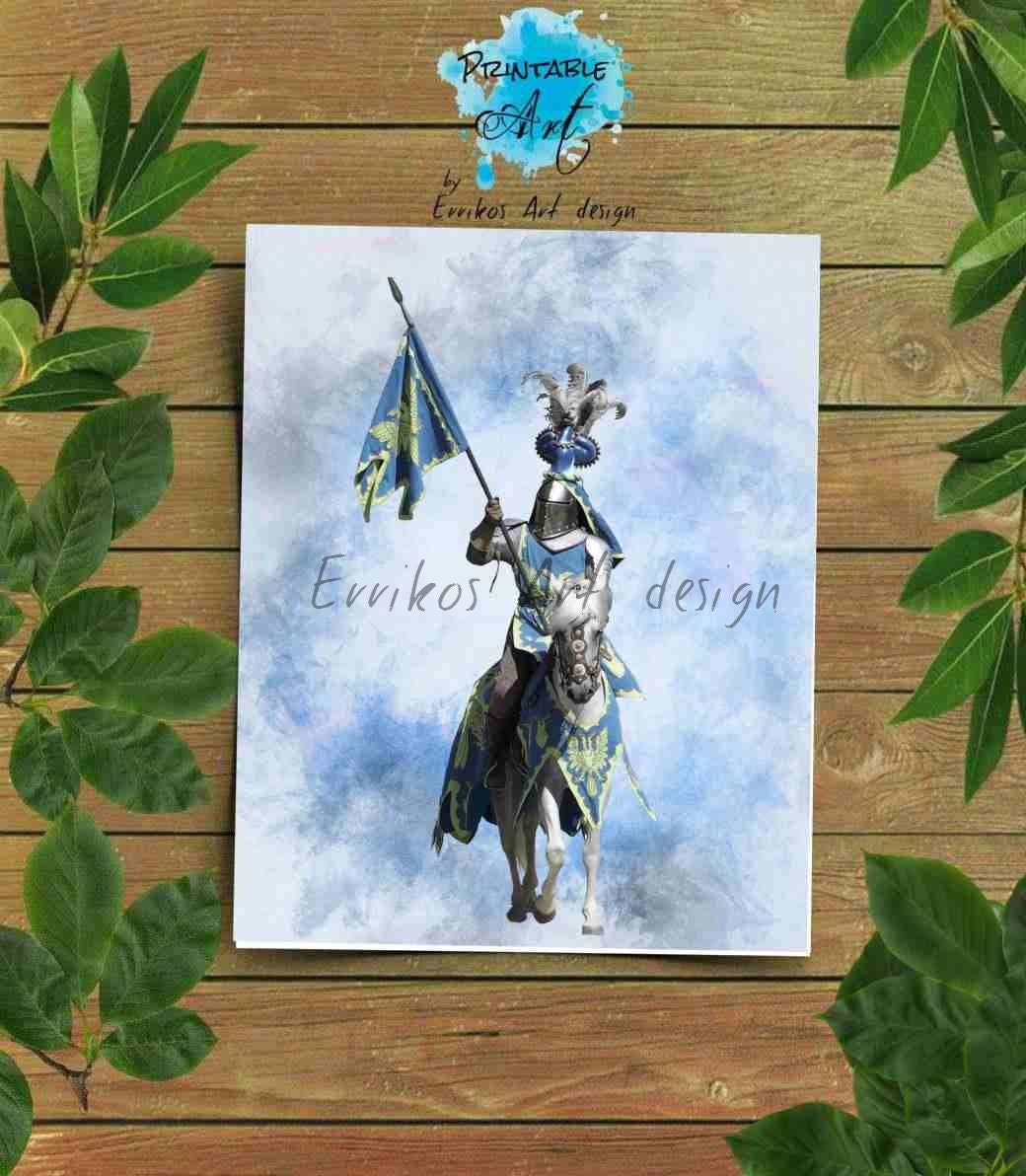 Knight Medieval Blue Knight Printable Wall Art Print Digital | Etsy
