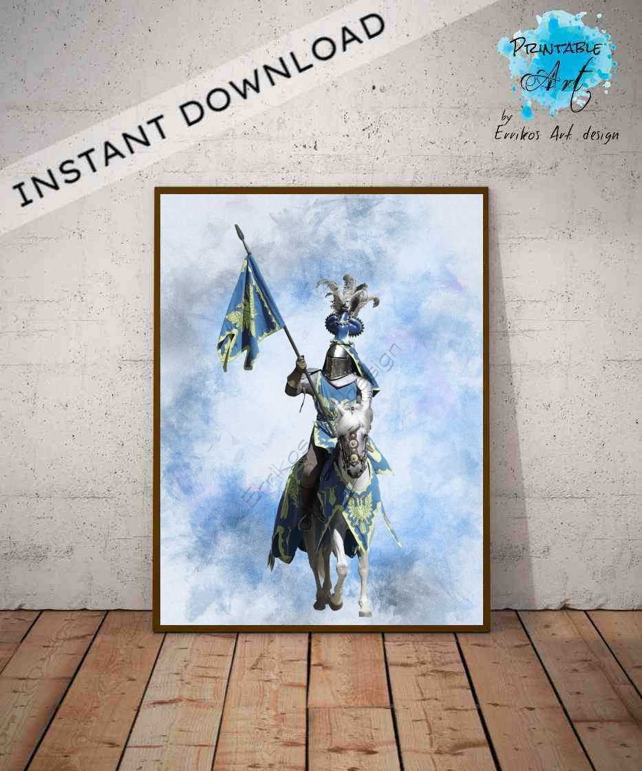 Knight Medieval Blue Knight Printable Wall Art Print Digital | Etsy