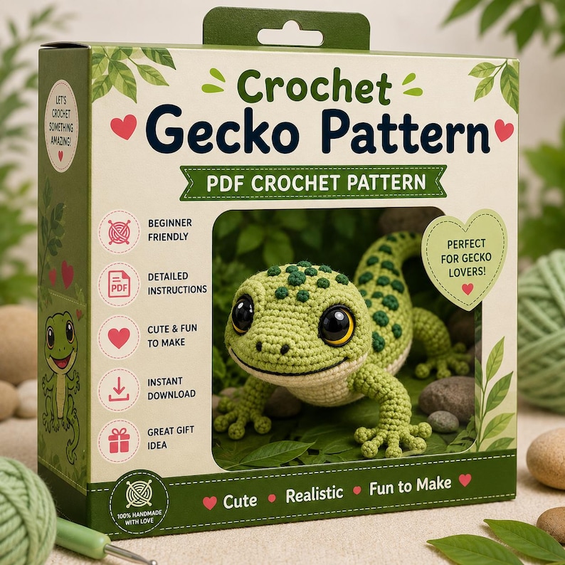 Beginner Crochet Gecko Plush Pattern, Realistic Lizard Amigurumi (PDF ...