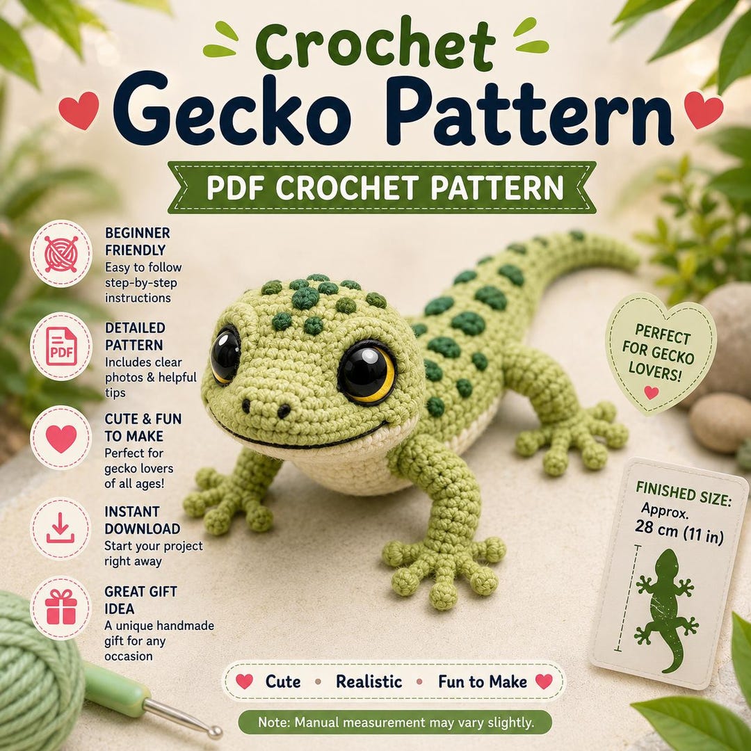 Beginner Crochet Gecko Plush Pattern, Realistic Lizard Amigurumi (PDF ...
