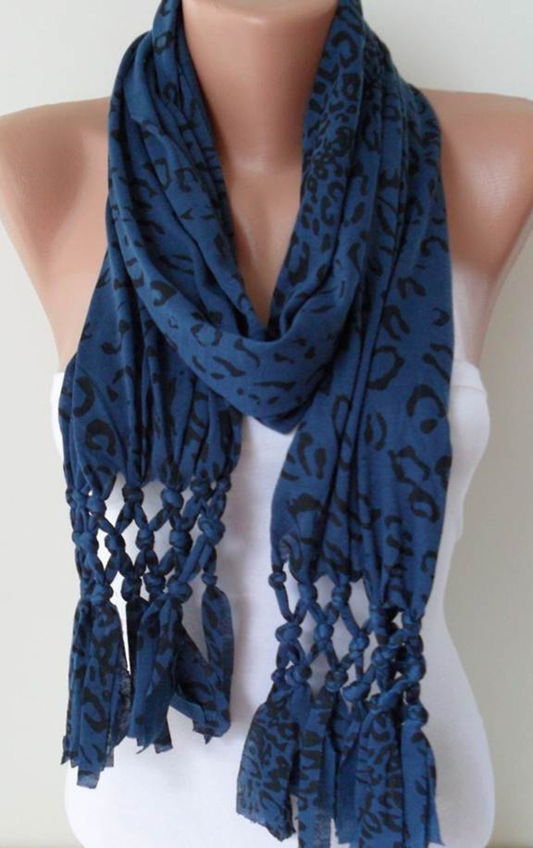 Handmade Dark Blue Leopard Print Scarf With Node Edge - Etsy