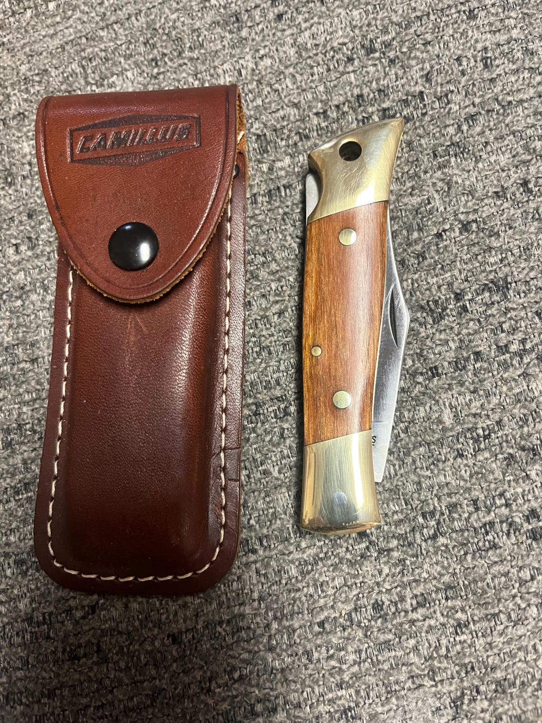 Vintage 1970s Camillus Lockback Knife: Wood Scale, Brass Bolster, Leather Case - Etsy
