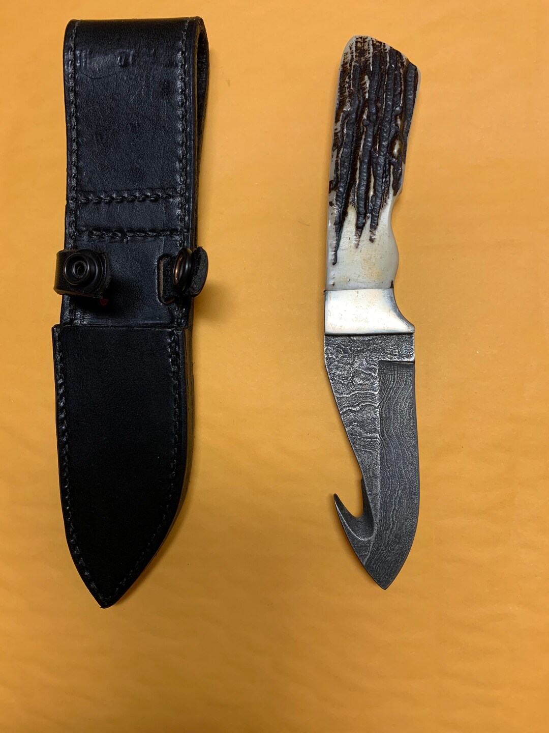 1990s Bear MGC USA India Stag Handle Fixed Damascus Blade Hunting Knife ...