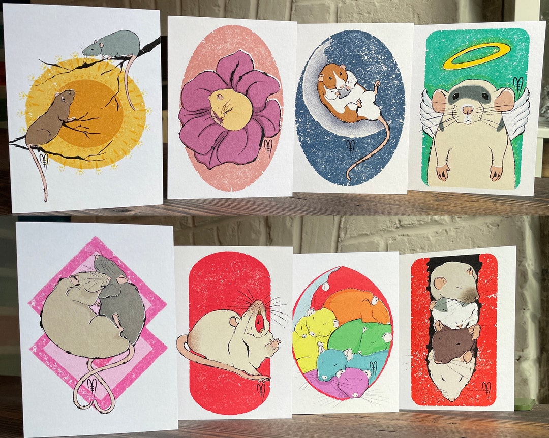 8 X Risograph Rat Cards, the Full Set, Digital Risograph Style, A6, FSC ...