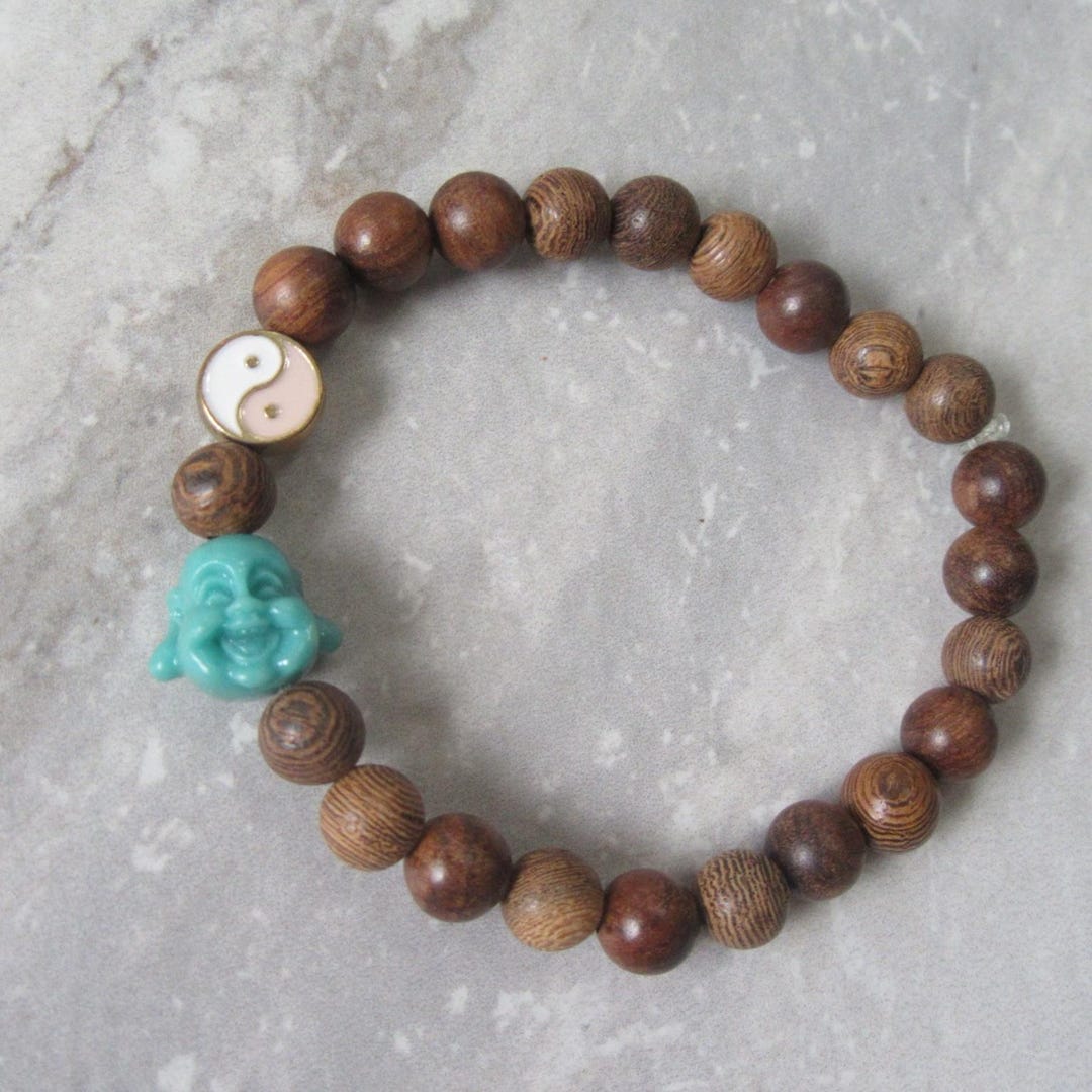 Mini Happy Buddha Stretch Bracelet With Pink Yin Yang Bead & Wood Beads ...