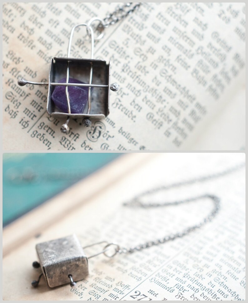 Hand forged sterling silver shadow box cage pendant with raw | Etsy