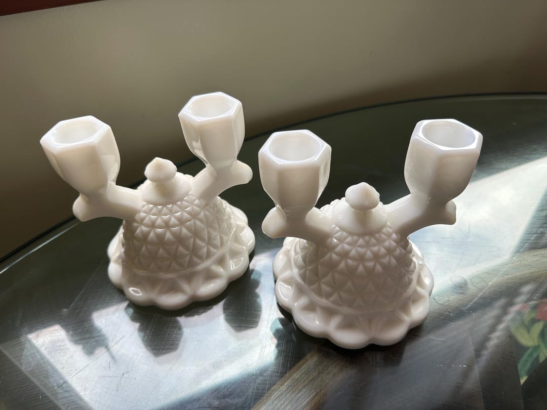 Imperial Glass Double Candle Holders Diamond Point Milk Glass White - Etsy