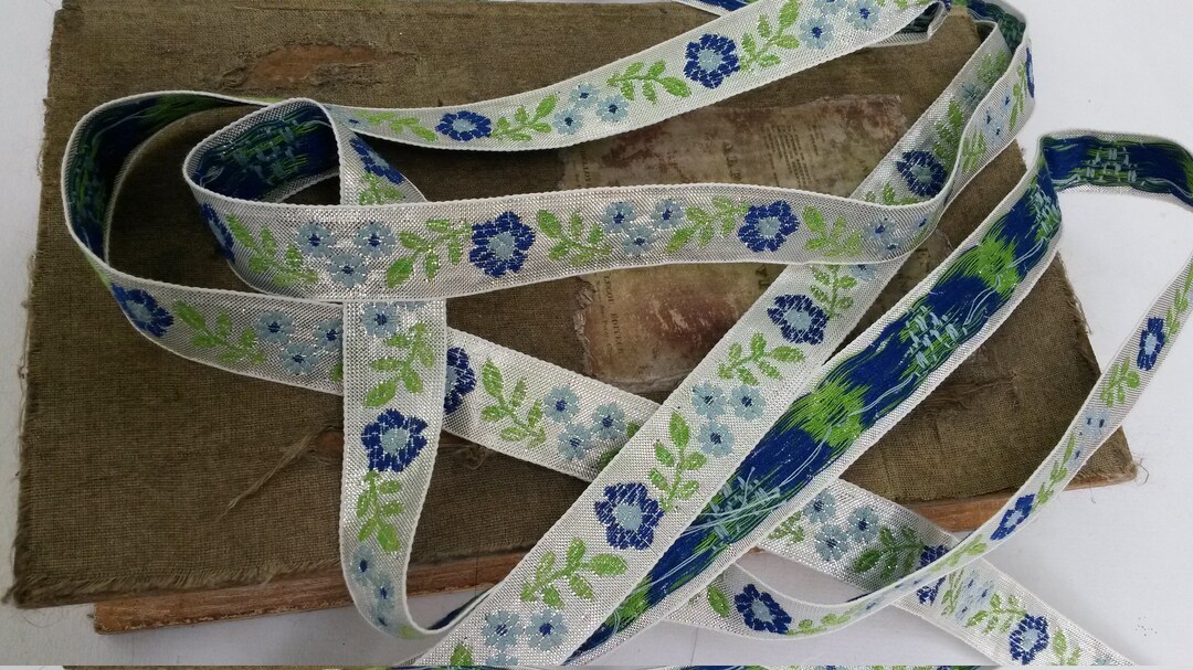 2 1/2 Yard Piece Silver and Blue Jacquard Ribbon Embroidered Flower ...