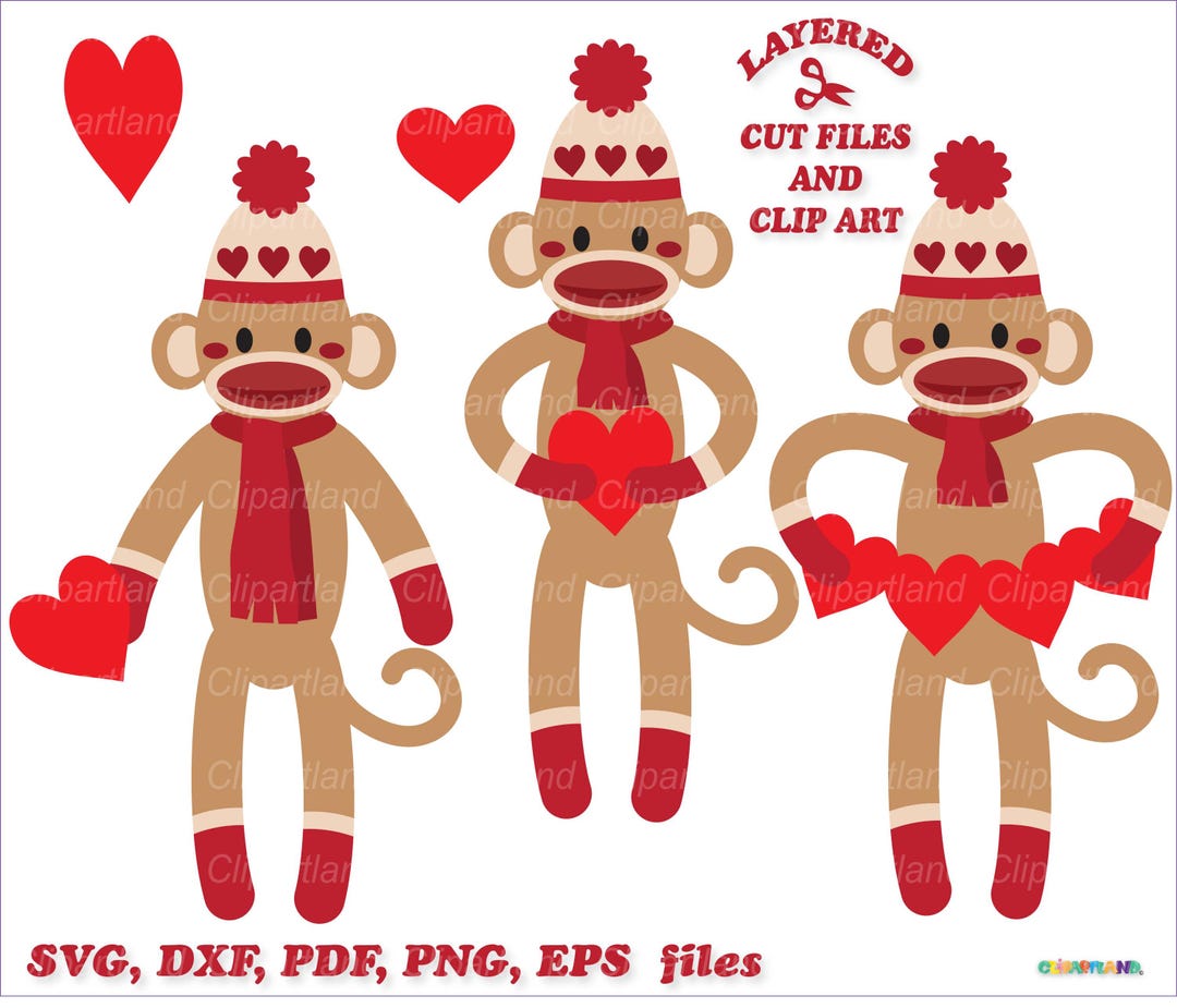 INSTANT Download. Cute Valentine Sock Monkeys Cut File and Clip Art ...