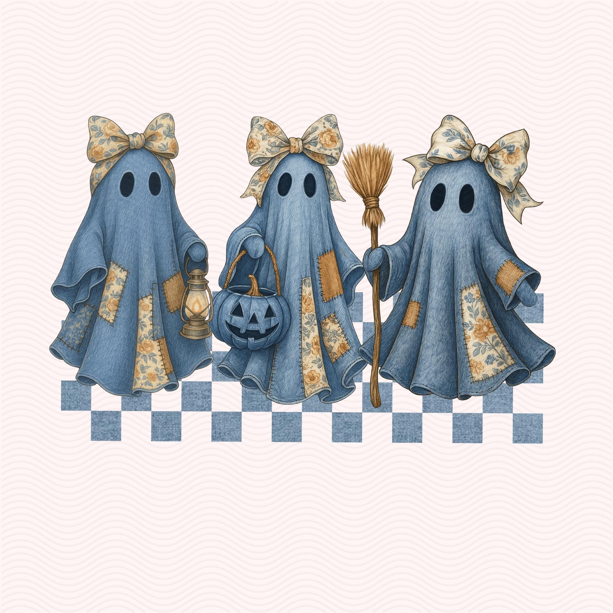 Retro Halloween Blue Denim Ghost Png, Trendy Patchwork Spooky Ghost Png ...