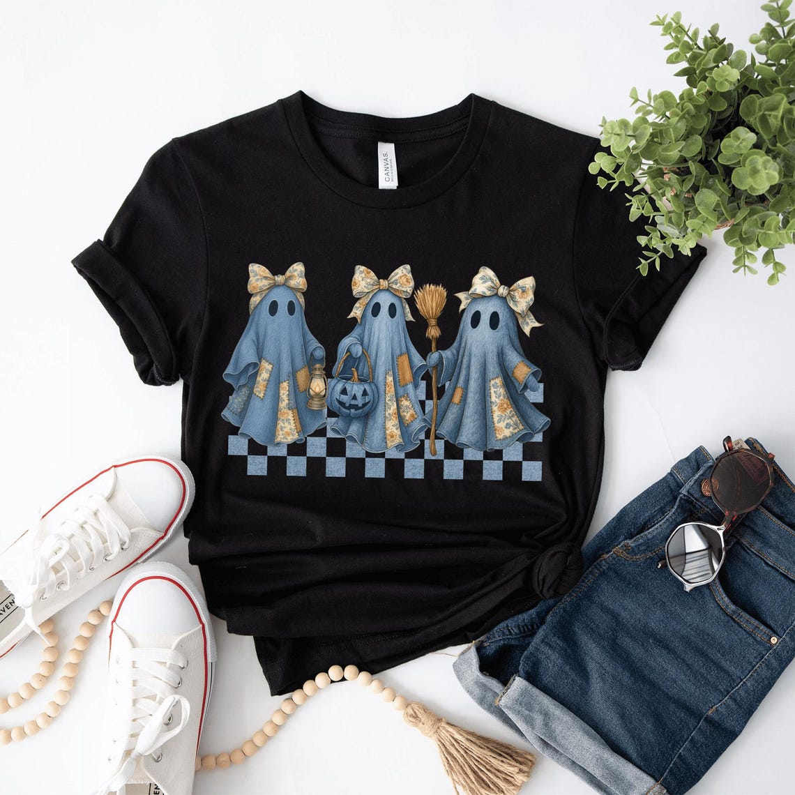 Retro Halloween Blue Denim Ghost Png, Trendy Patchwork Spooky Ghost Png ...