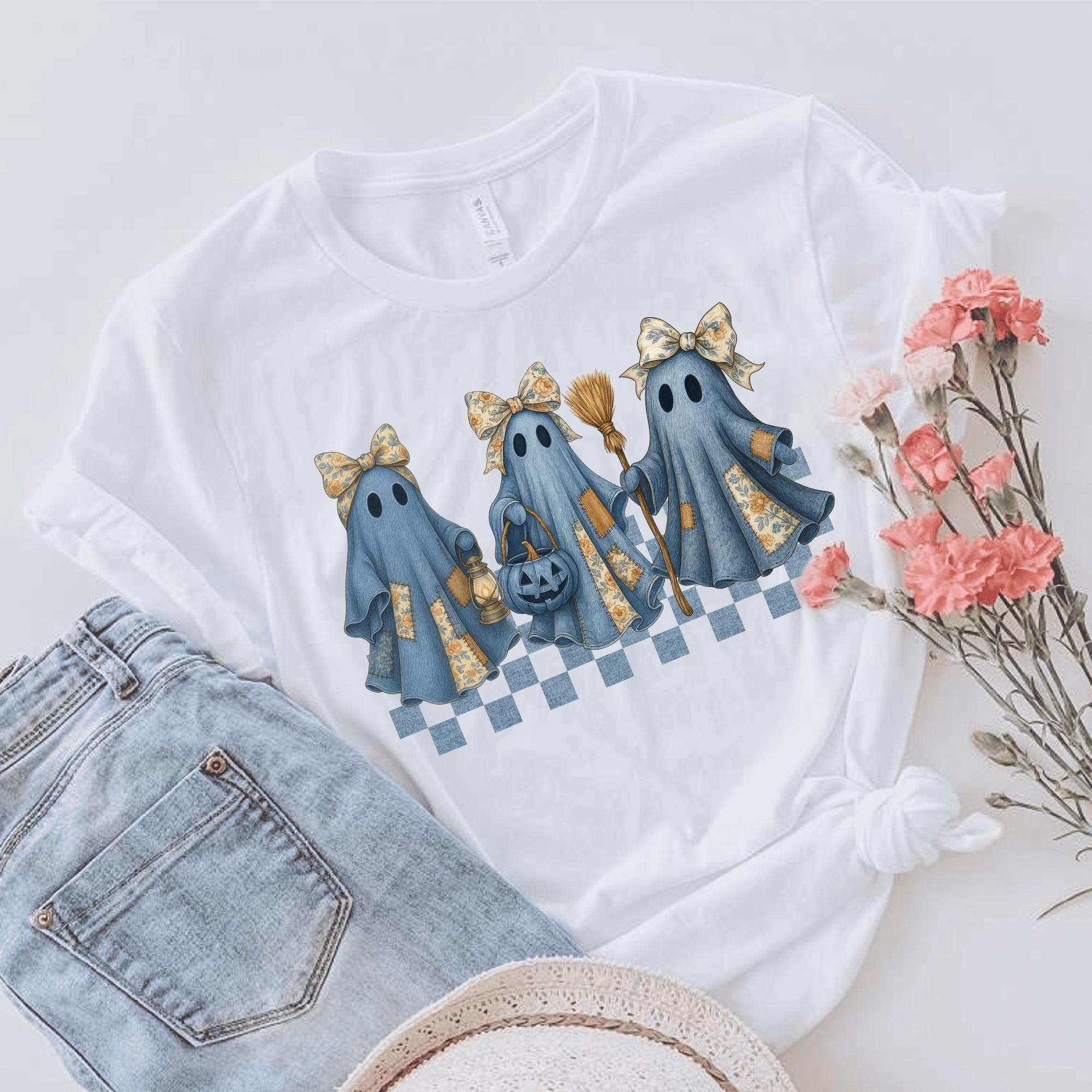 Retro Halloween Blue Denim Ghost Png, Trendy Patchwork Spooky Ghost Png ...