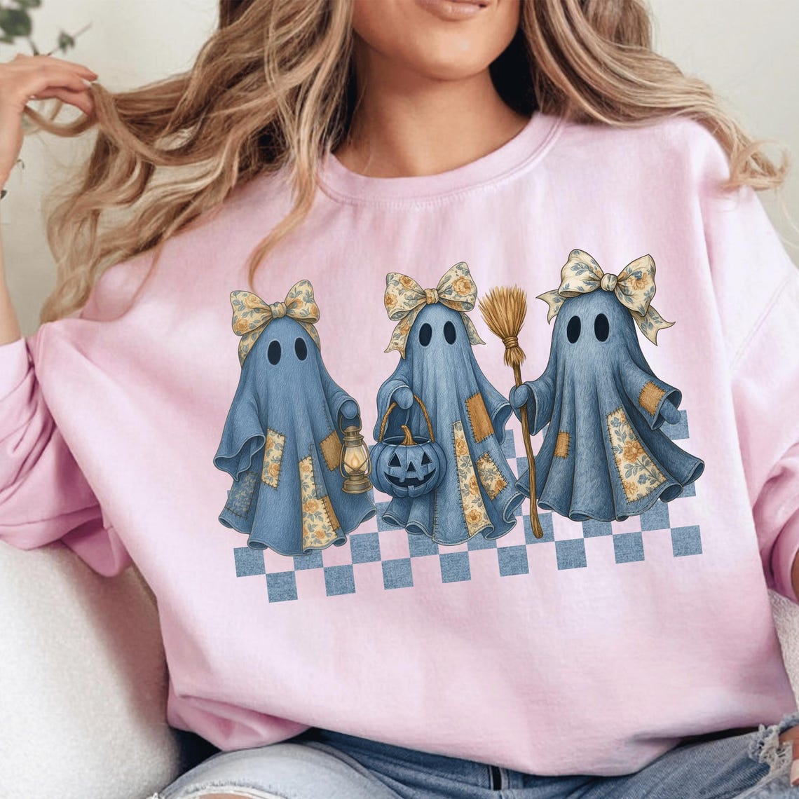Retro Halloween Blue Denim Ghost Png, Trendy Patchwork Spooky Ghost Png ...