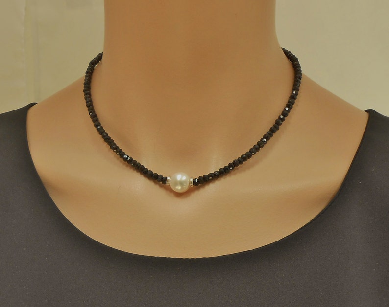 Black Spinel Necklace With Freshwater Pearl And Sterling Etsy