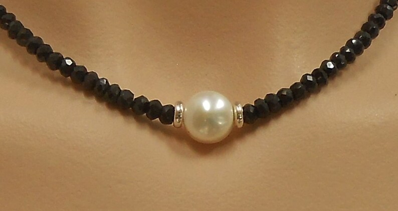 Black Spinel Necklace With Freshwater Pearl And Sterling Etsy