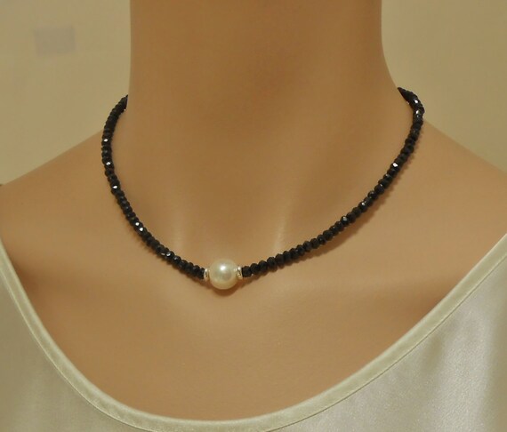 Black Spinel Necklace With Freshwater Pearl And Sterling Etsy