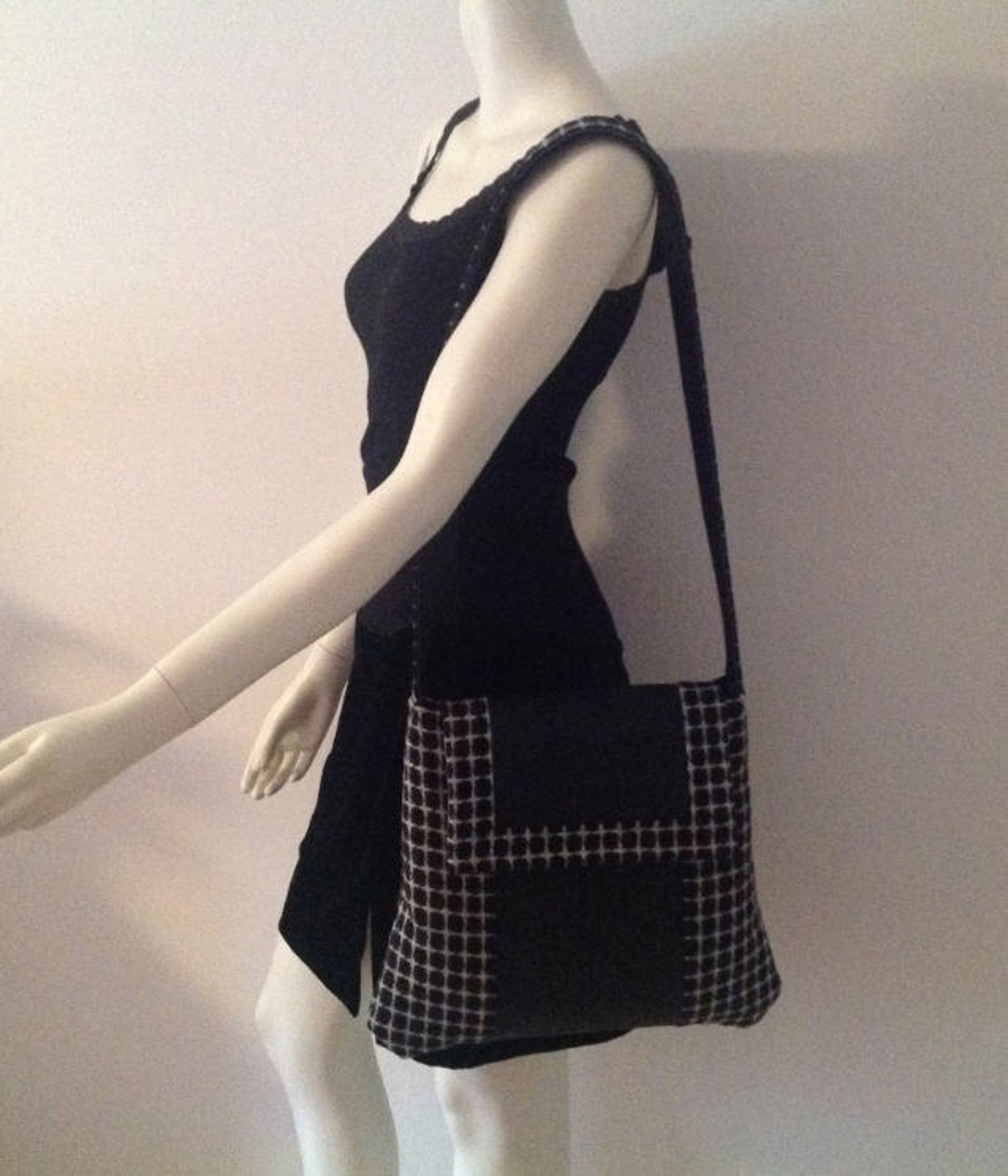 Black and White Checkered Messenger Bag Sewn From Wool Tweed and ...