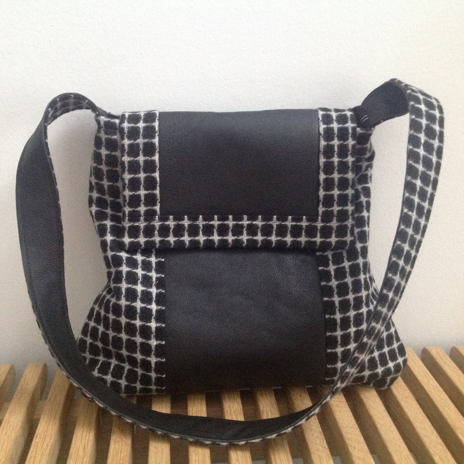 Black and White Checkered Messenger Bag Sewn From Wool Tweed and ...