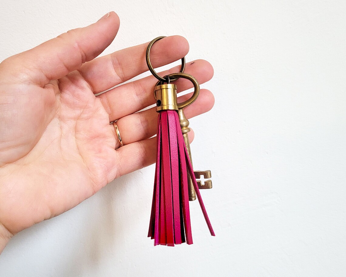 Leather Tassel Keychain, Pink Tones Tassel Key Fob With Metal Cup and ...