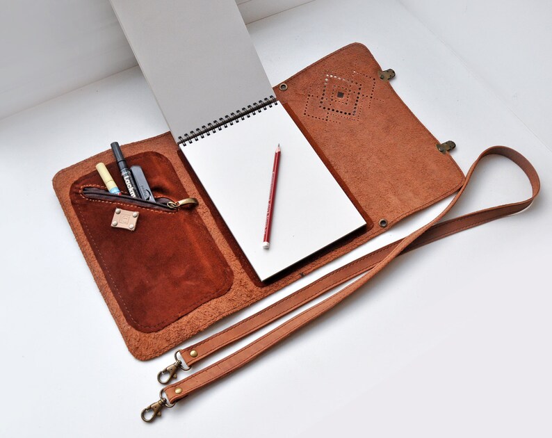 Leather sketchbook case with pen holder and cross body strap | Etsy