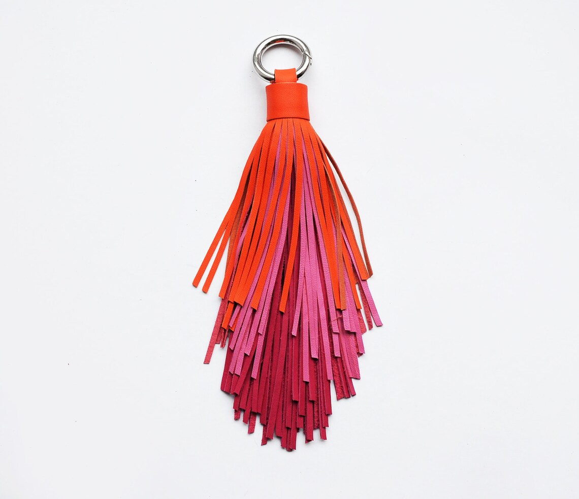 Leather Tassel Keychain Large Tassel Hot Orange and Pink | Etsy