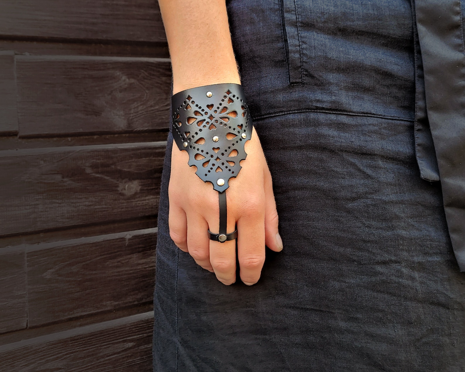 Black Leather Lace Hand Harness Bracelet Leather Fantasy - Etsy