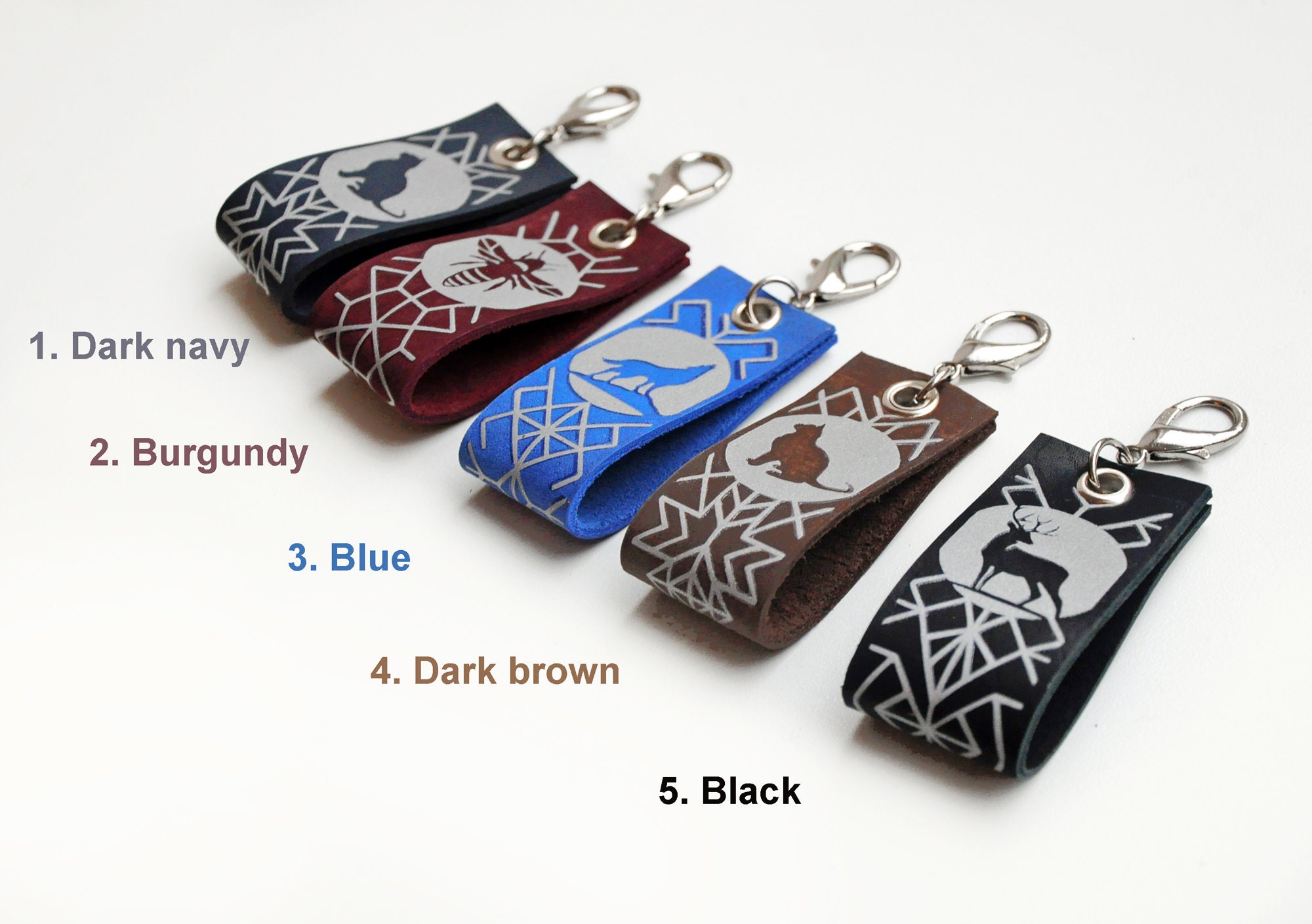 Reflective leather key chain with stylized animal image | Etsy