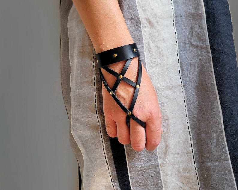 Black Leather Hand Harness Bracelet, Festival Leather Accessorie - Etsy