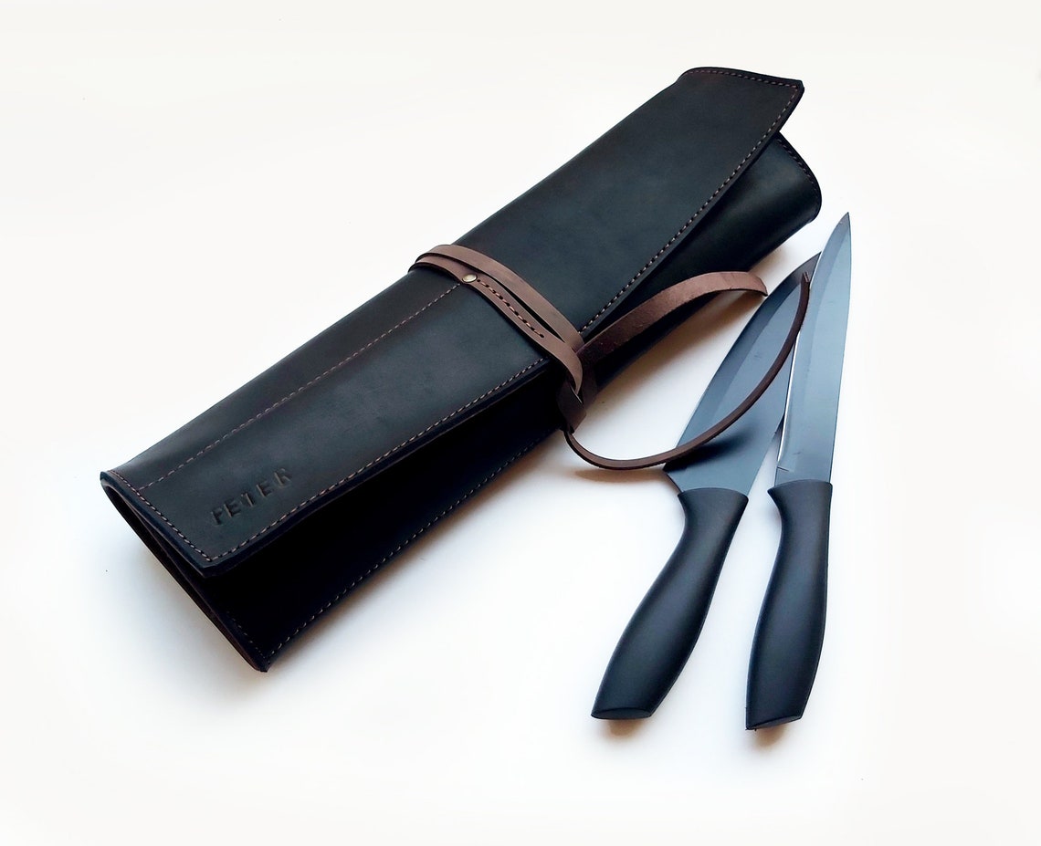 Black Leather Chefs Knife Roll Personalized Knife Case - Etsy