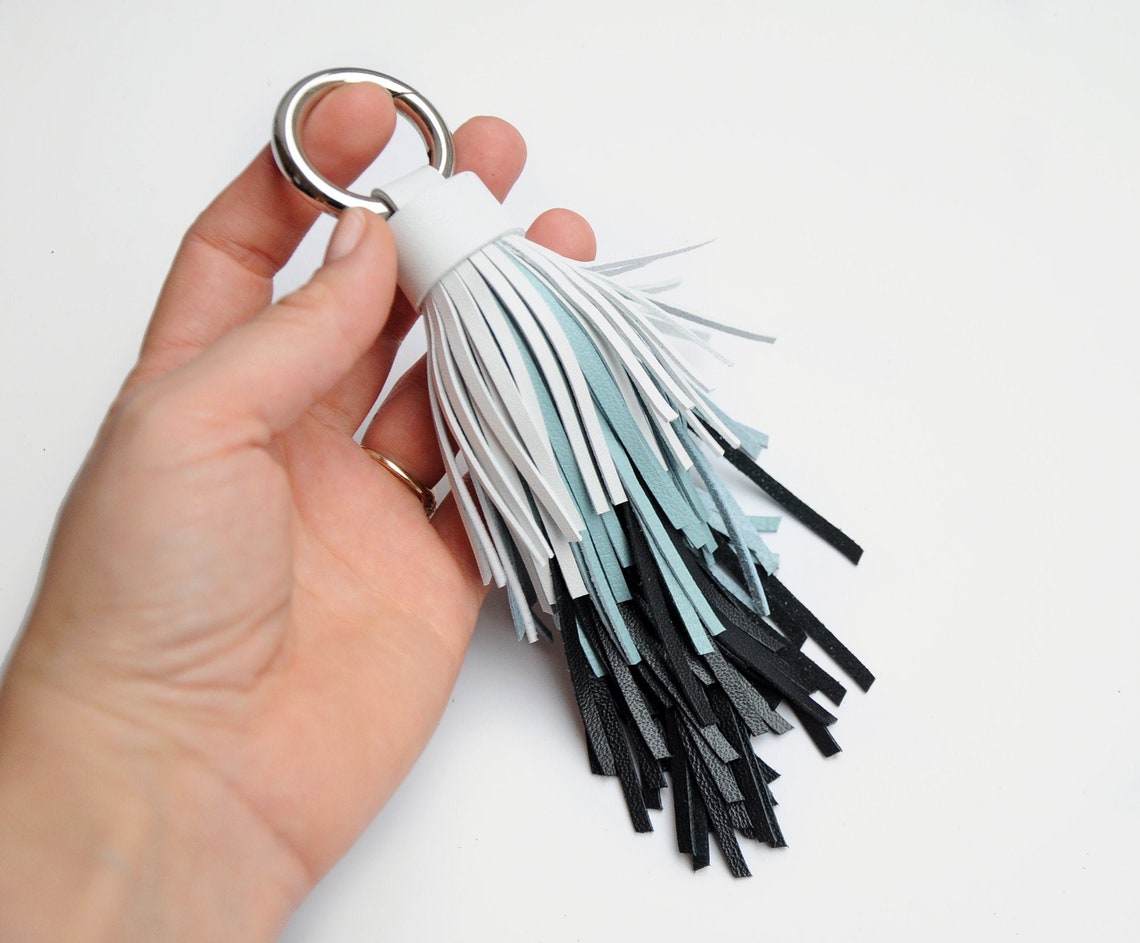 Large Leather Tassel Keychain in White Black and Pale Blue - Etsy