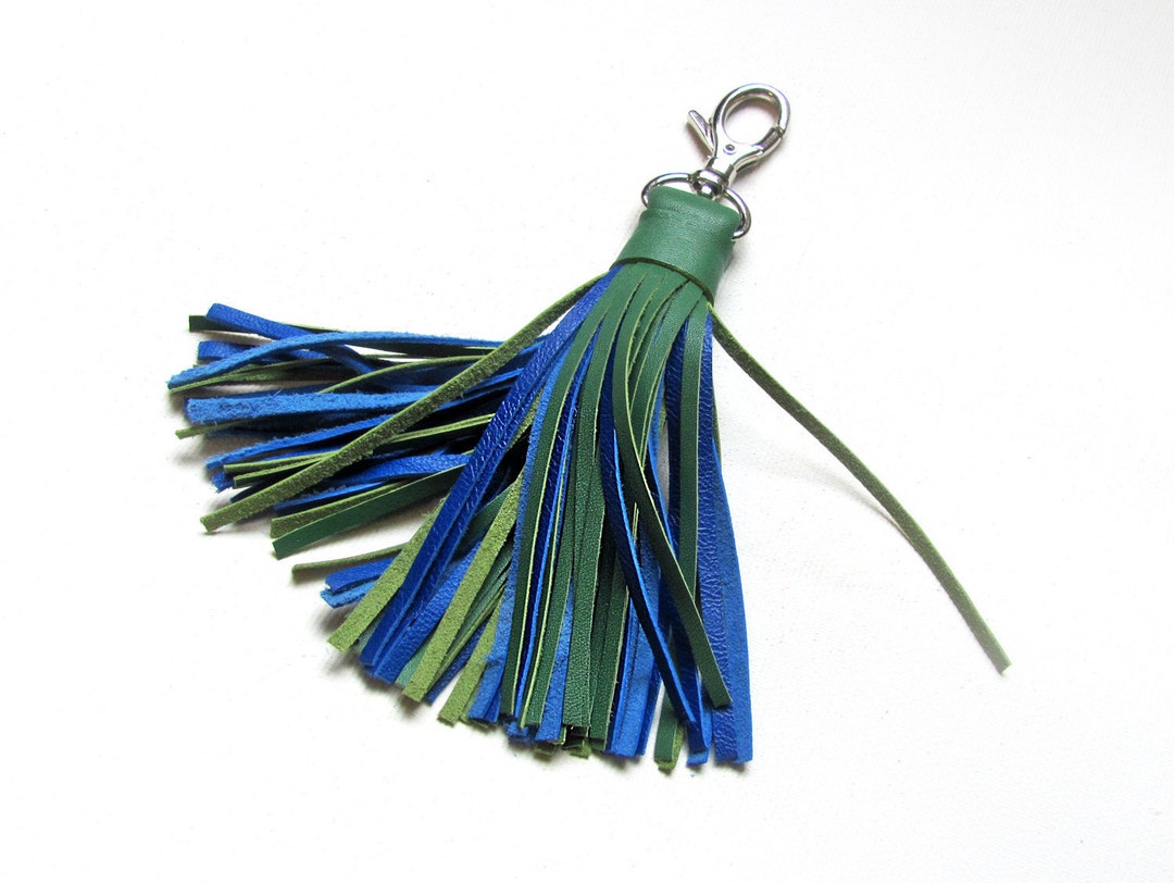 Leather Tassel, Green and Blue Tassel Keychain - Etsy