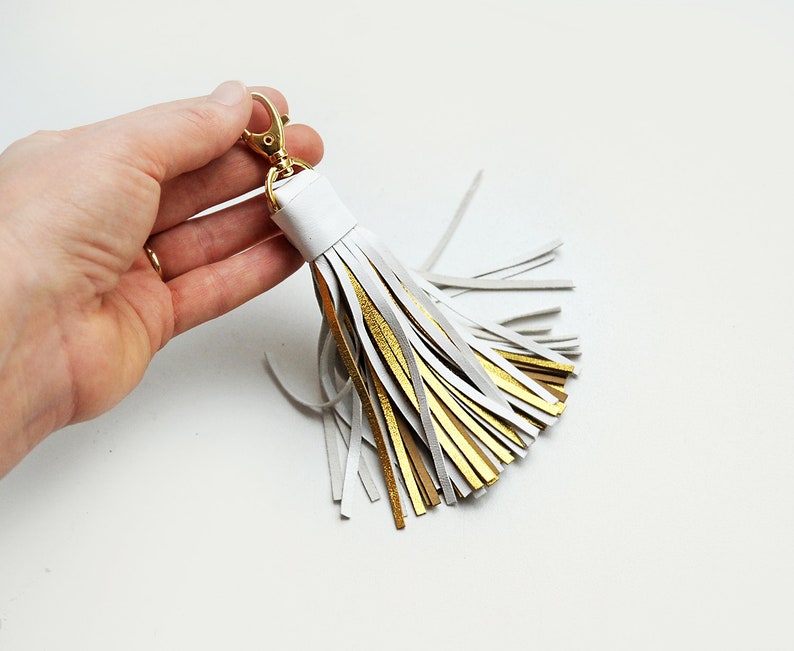 Leather Tassel Large White and Gold tassel keychain | Etsy