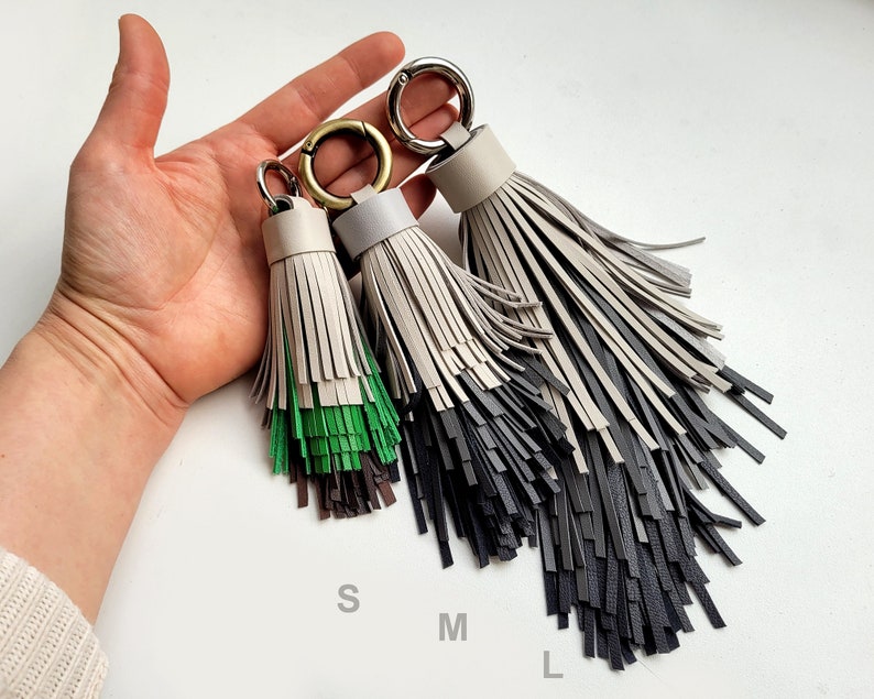 Large Leather Tassel Keychain, Dark Brown, Gold, Red Soft Tassel Boho ...