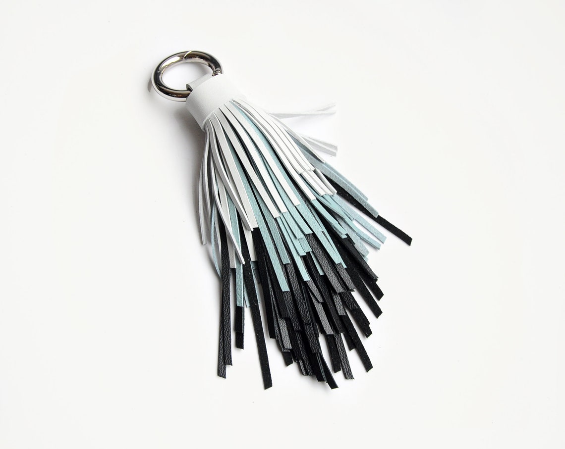 Large Leather Tassel Keychain in White Black and Pale Blue - Etsy