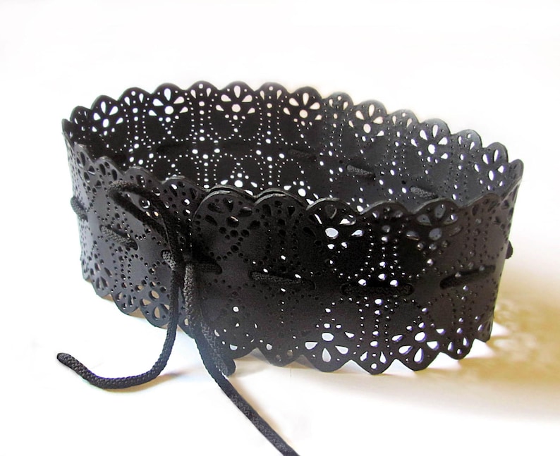 Wide Black Leather Lace Belt, Tie up Corset Belt With Openwork Pattern ...