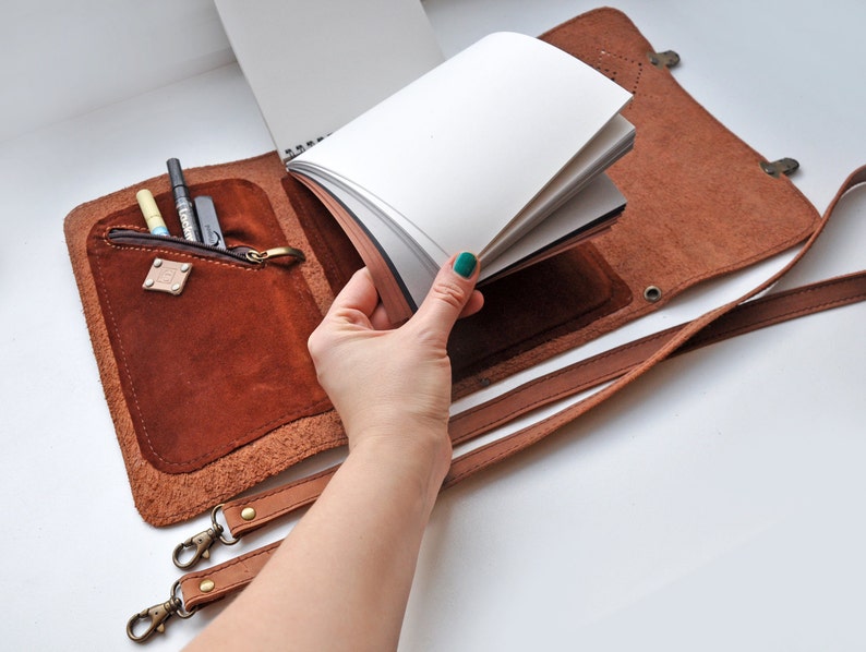 Leather sketchbook case with pen holder and cross body strap | Etsy