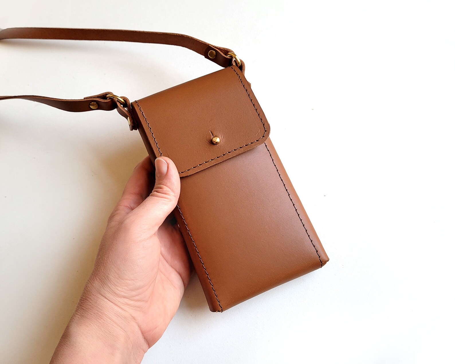 Leather Mobile Phone Bag With Crossbody Strap and Card Pocket, Brown ...