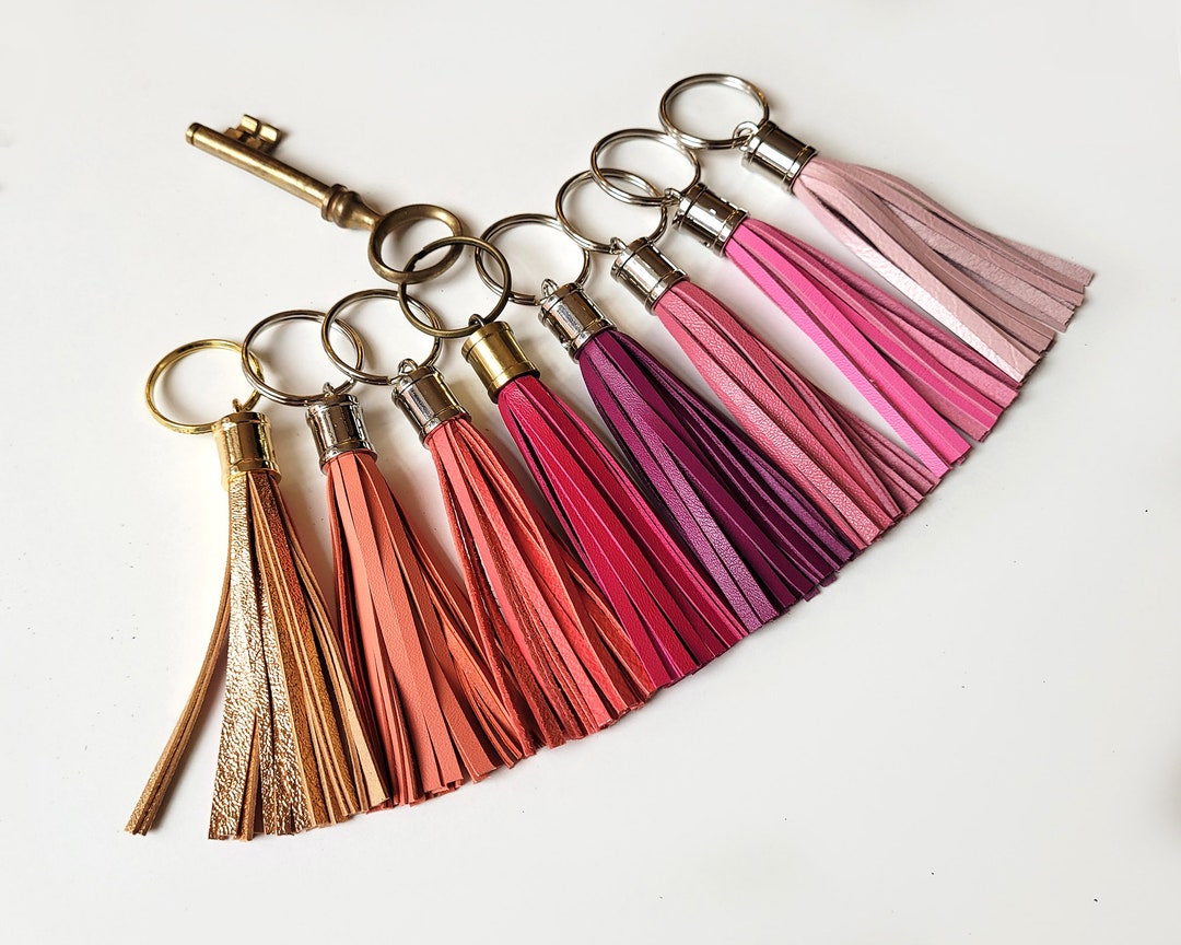 Leather Tassel Keychain, Pink Tones Tassel Key Fob With Metal Cup and ...