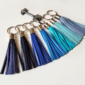 Leather Tassel Keychain, Blue Tones Tassel Key Fob With Metal Cup and ...